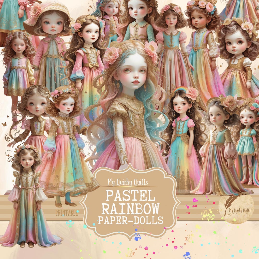 Pastel Rainbow Paper Doll Art Fussy Cuts, Digital Ephemera, Whimsical ...