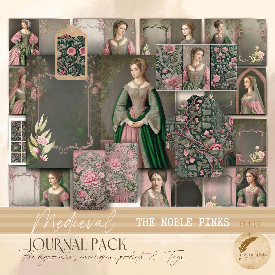 Printable Medieval Scrapbook Ephemera | Pink Green Vintage Junk Journal ...