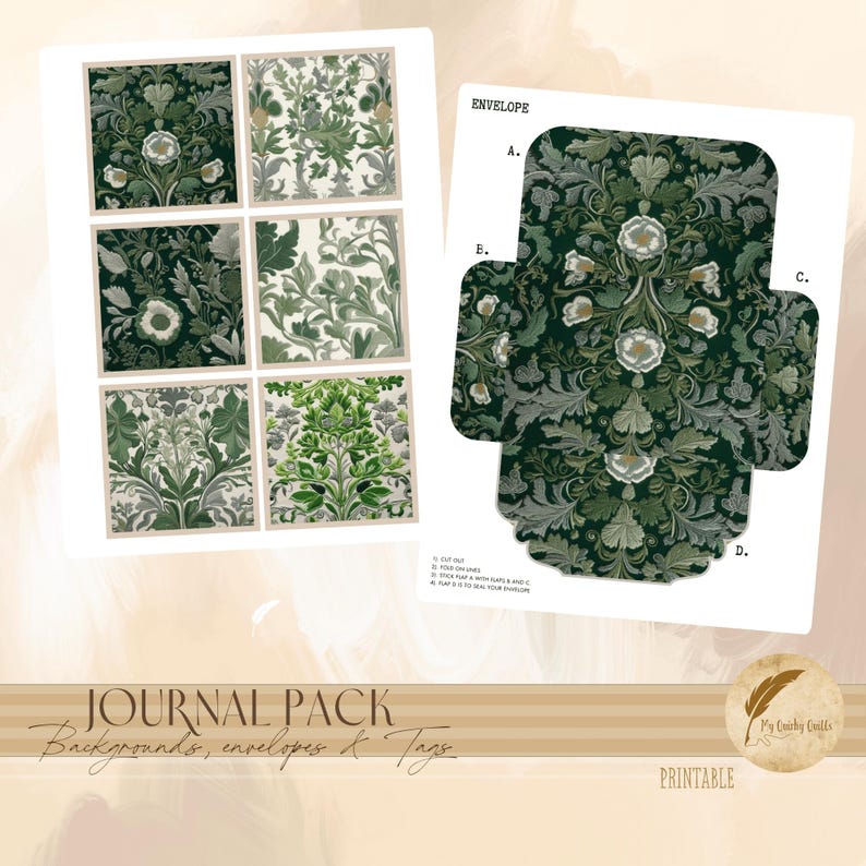 Printable Green Medieval Scrapbook Kit | Embroidery-inspired | Tags ...