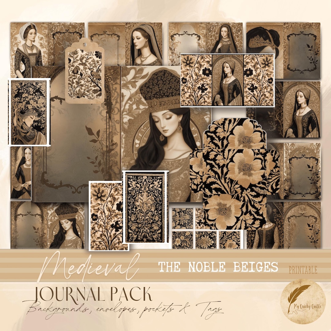 Printable Beige Black Medieval Scrapbook Kit | Embroidery-inspired ...