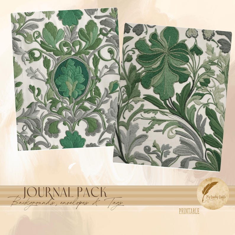 Printable Green Medieval Scrapbook Kit | Embroidery-inspired | Tags ...