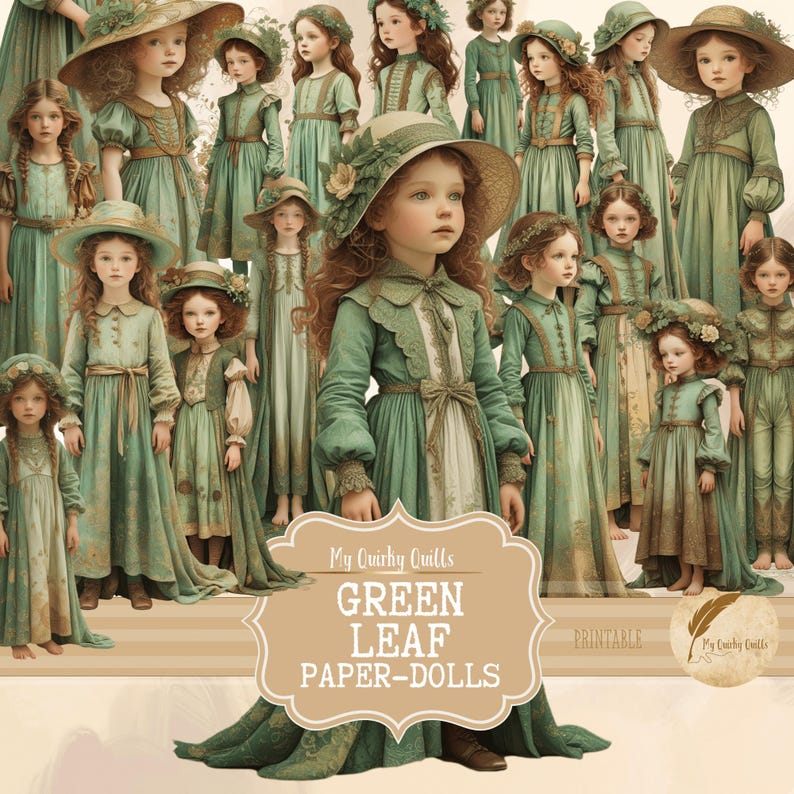 Green Leaf Paper Doll Fussy Cuts, Digital Ephemera, Whimsical Printable ...