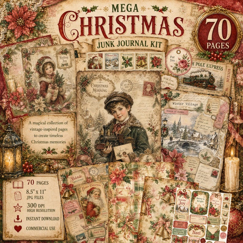 Christmas Junk Journal Kit, Vintage Holiday Printable Papers, Festive ...