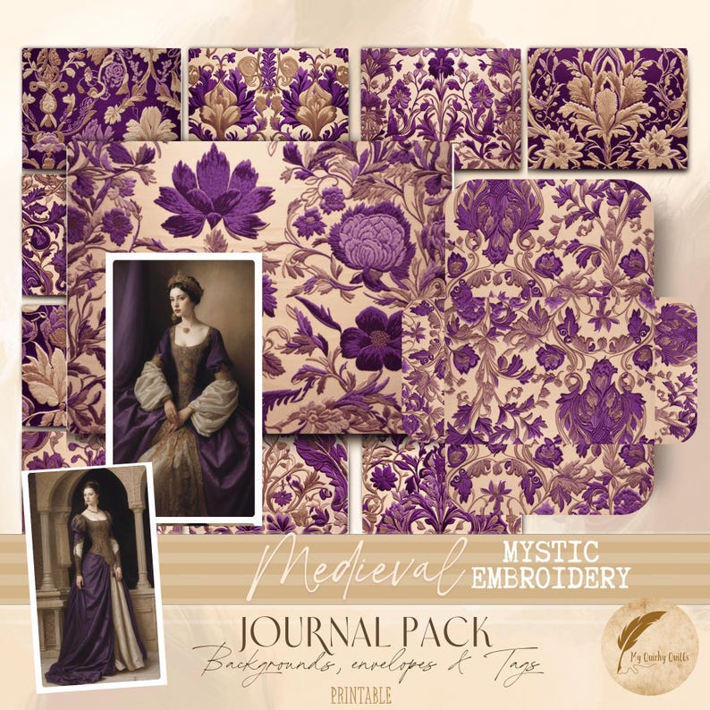 Printable Purple Beige Medieval Scrapbook Kit | Embroidery-inspired ...