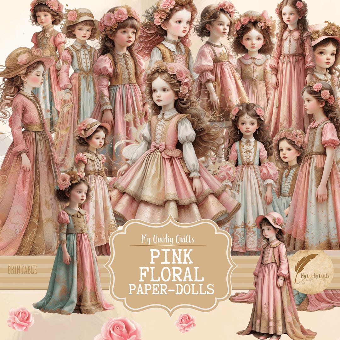 Pink Floral Paper Doll Fussy Cuts, Digital Ephemera, Whimsical ...