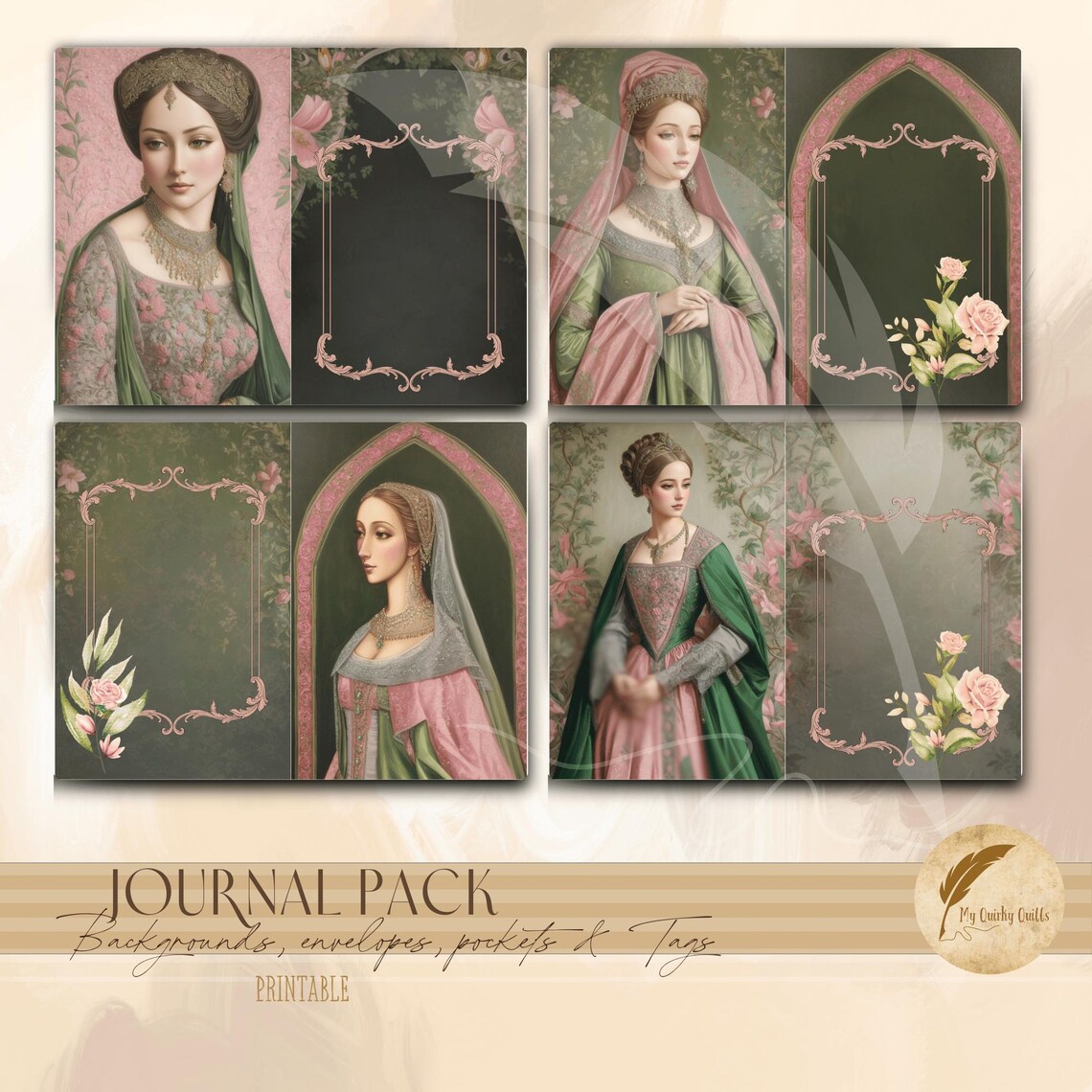 Printable Medieval Scrapbook Ephemera | Pink Green Vintage Junk Journal ...