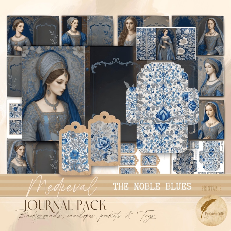 Printable Pastel Blue Medieval Scrapbook Kit Ephemera, Tags, Envelopes ...