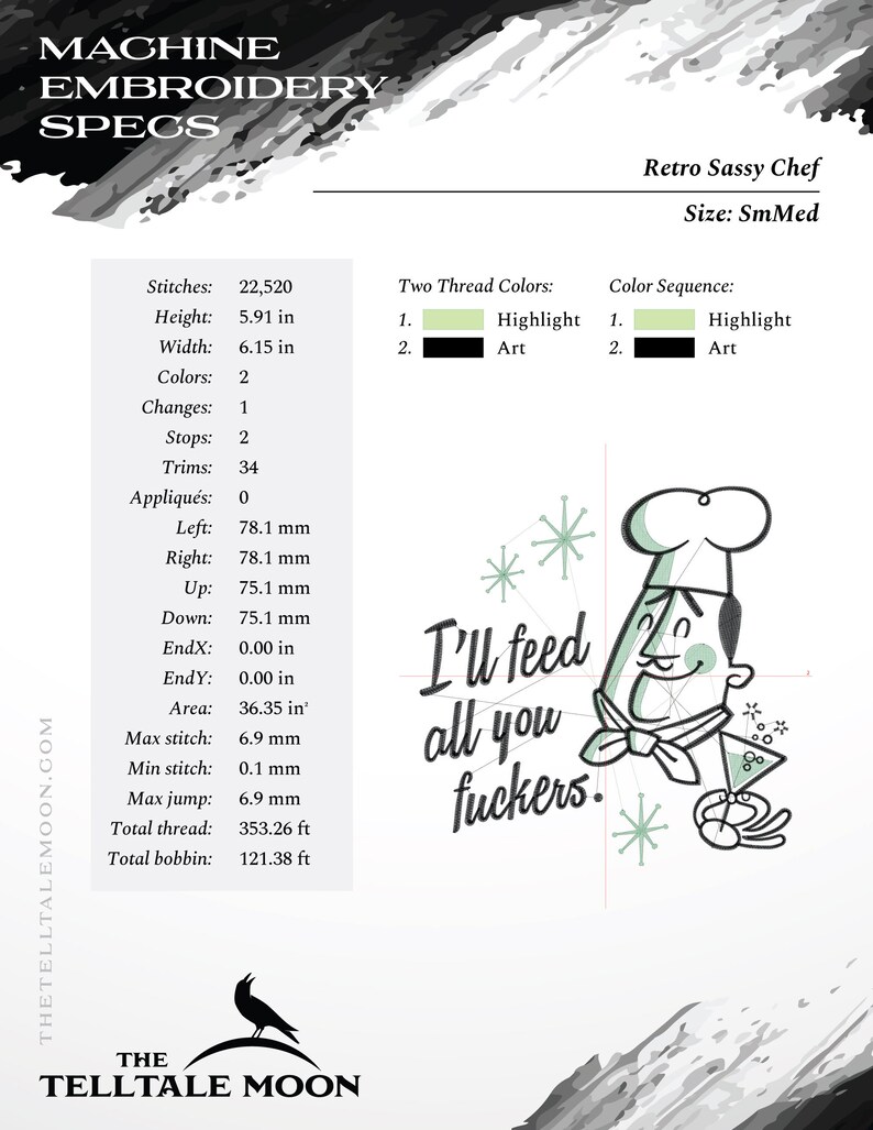Retro Sassy Chef Embroidery Design: Two Colors, Multiple Formats ...