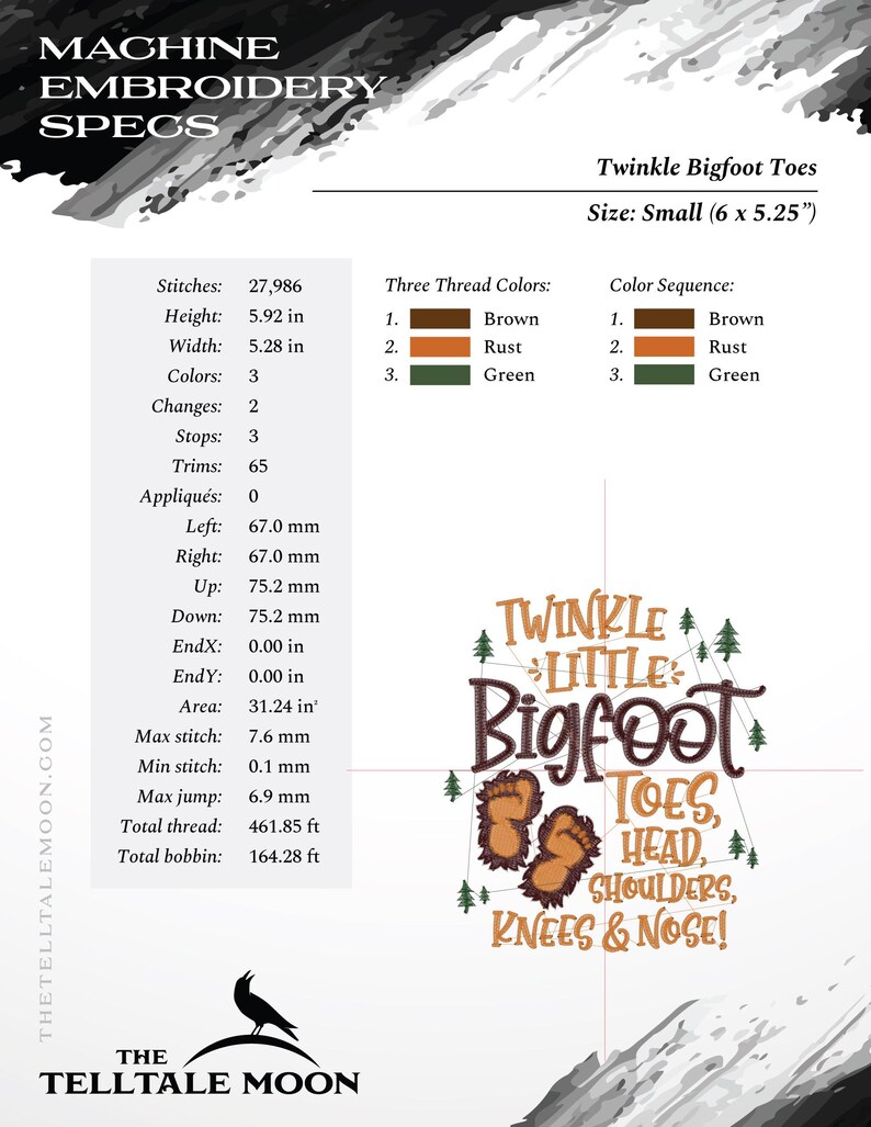 Twinkle Bigfoot Toes Embroidery Design – Funny Kids Cryptid Rhyme ...