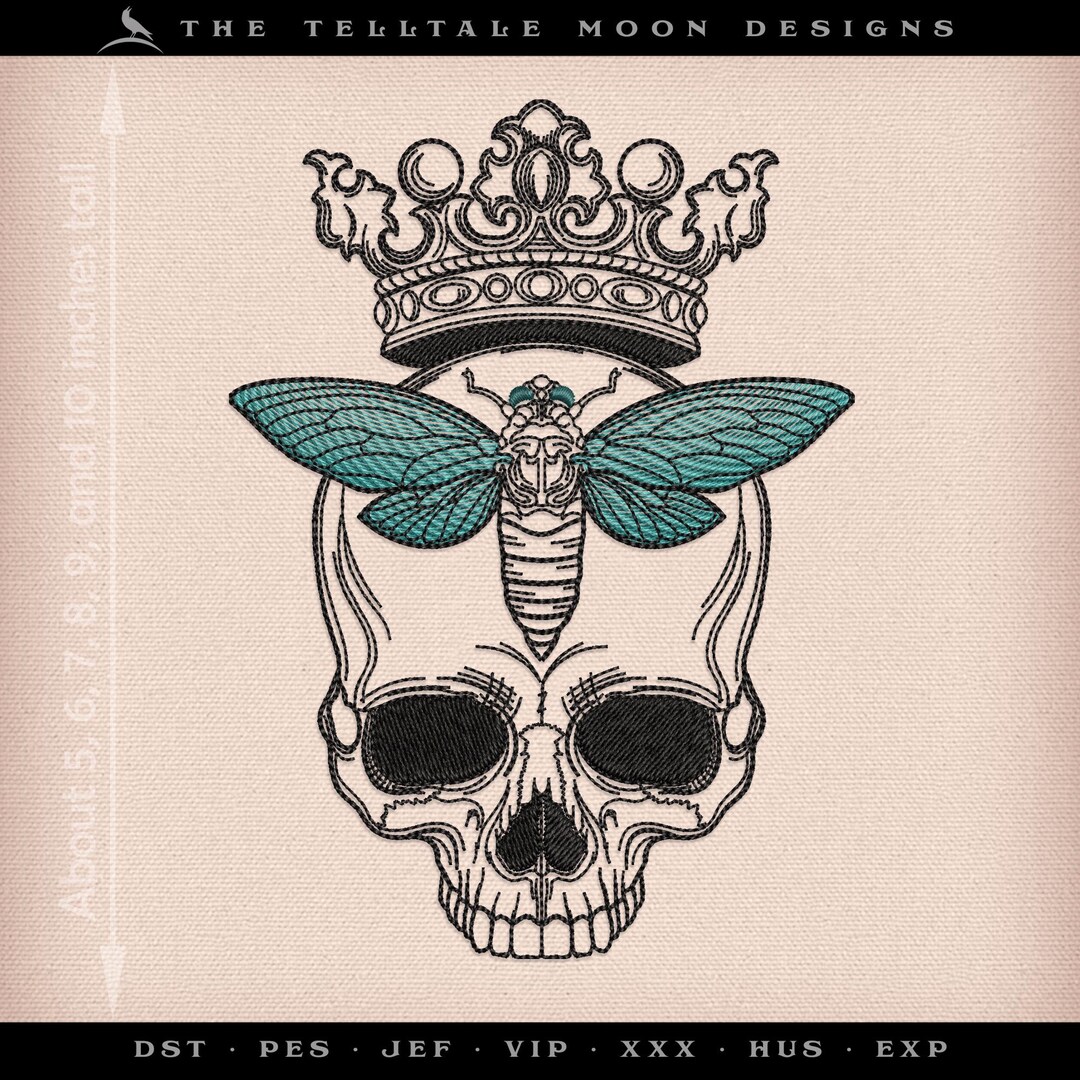 Crowned Skull With Cicada Embroidery Design – Gothic Royal Skull Art ...