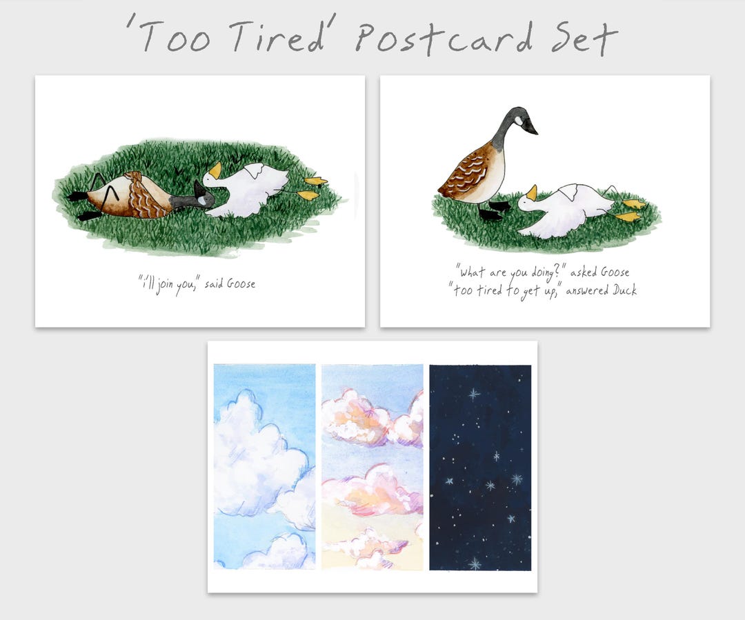 Duck & Goose 'too Tired' Postcard Set - Etsy