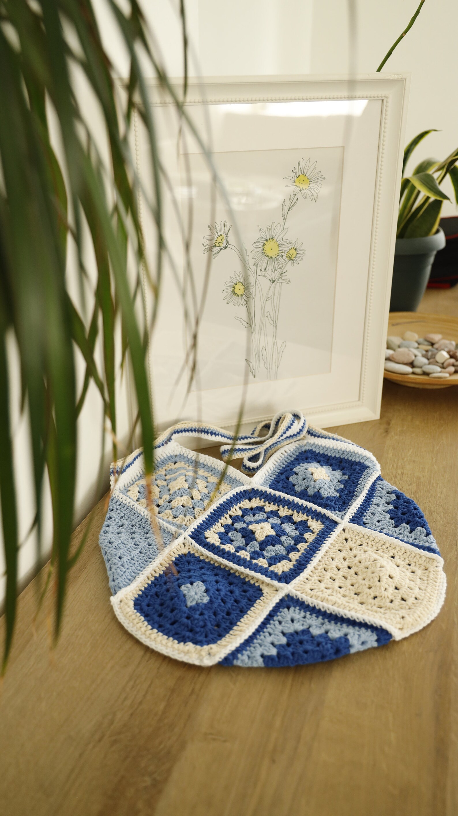 Hand-knitted Cotton Tote Bag in Shades of Blue and White: - Etsy