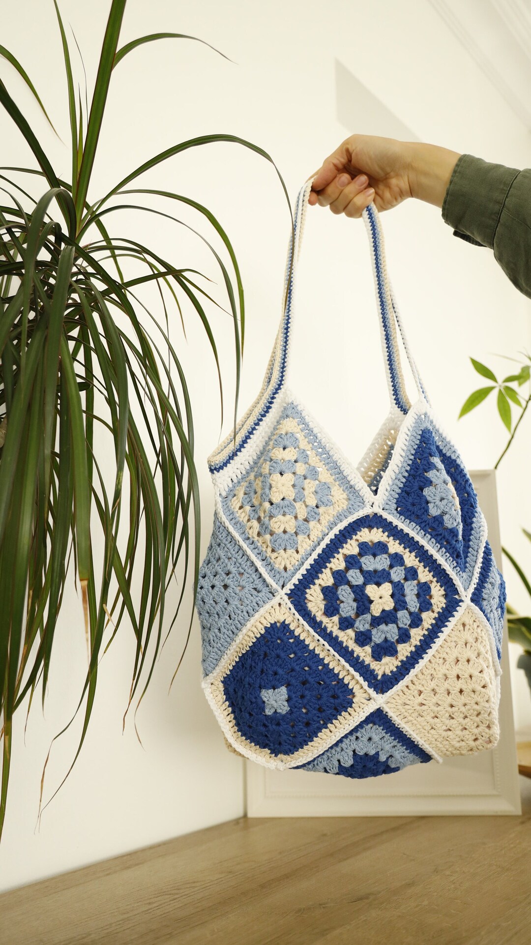 Hand-knitted Cotton Tote Bag in Shades of Blue and White: - Etsy