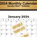 Editable Monthly Sunday Start 2024 Printable Calendar Planner Template ...