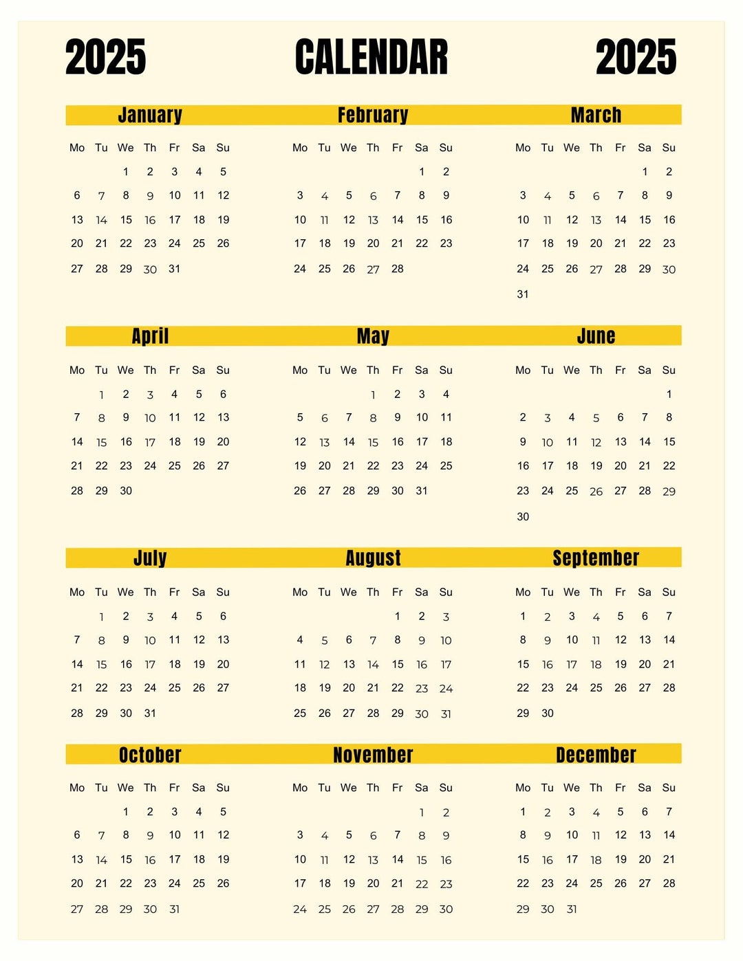 2025 Monday Start Printable Calendar, Year Calendar 2025, One Page, Year at A Glance, Letter ...
