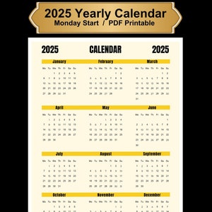 2025 Monday Start Printable Calendar, Year Calendar 2025, One Page ...