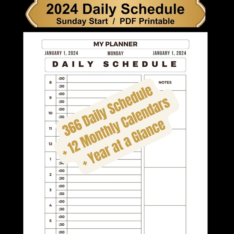 Printable 2024 Daily Calendar Scheduler With Sunday Start and a Page ...