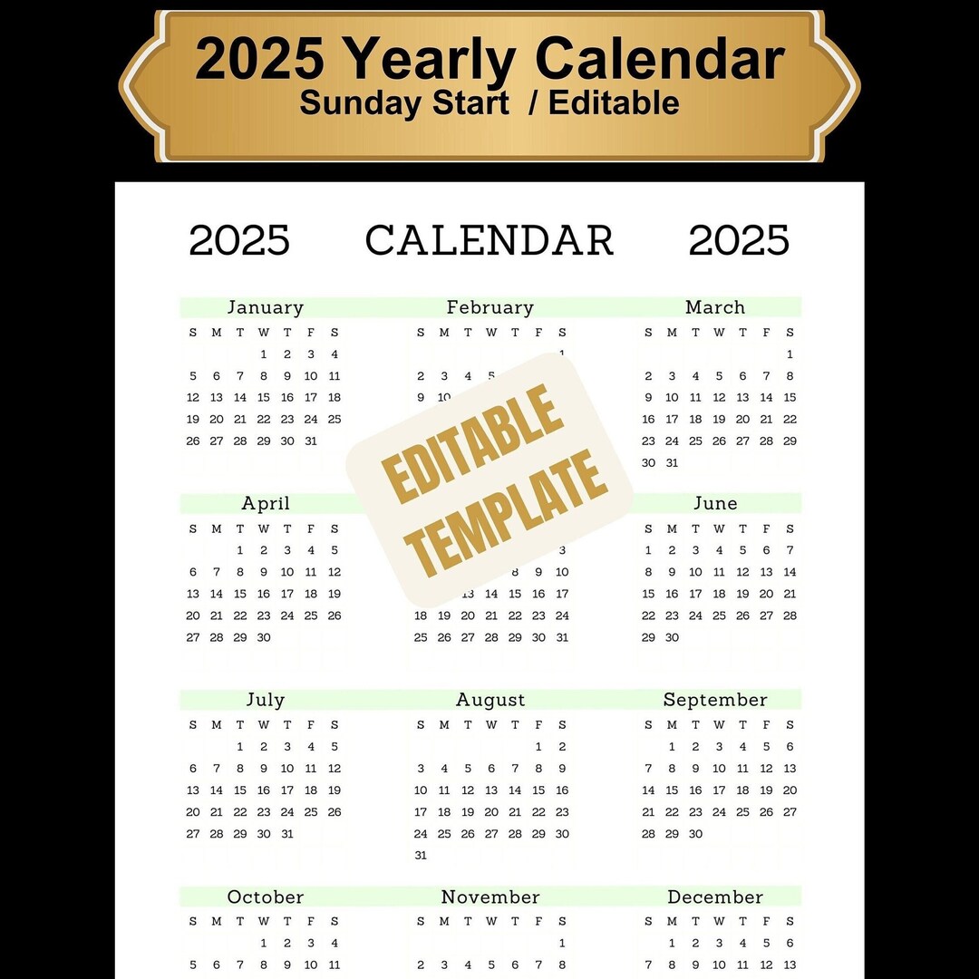 Editable 2025 Calendar With Sunday Start Minimalist Letter Size ...