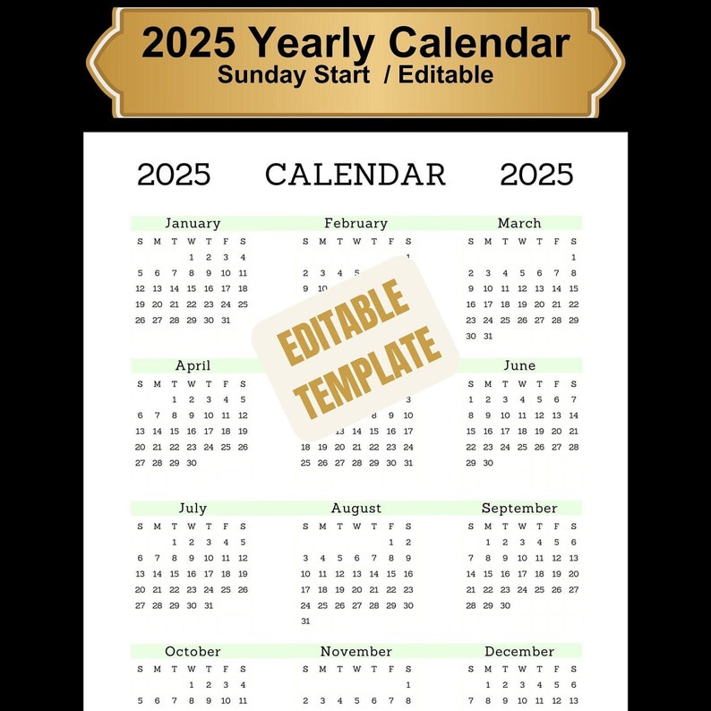 Editable 2025 Calendar With Sunday Start Minimalist Letter Size ...