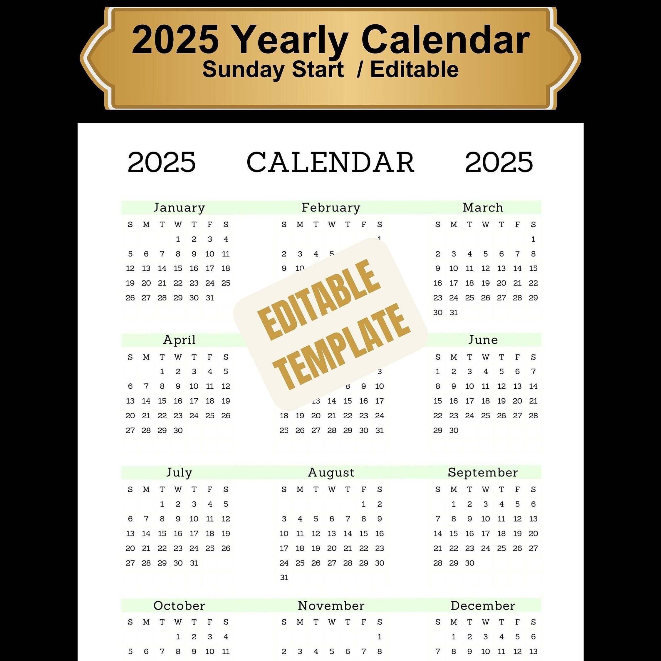 Editable 2025 Calendar With Sunday Start Minimalist Letter Size ...
