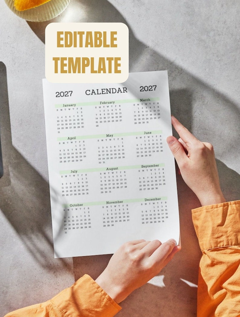Editable 2027 Calendar With Sunday Start Minimalist Letter Size ...