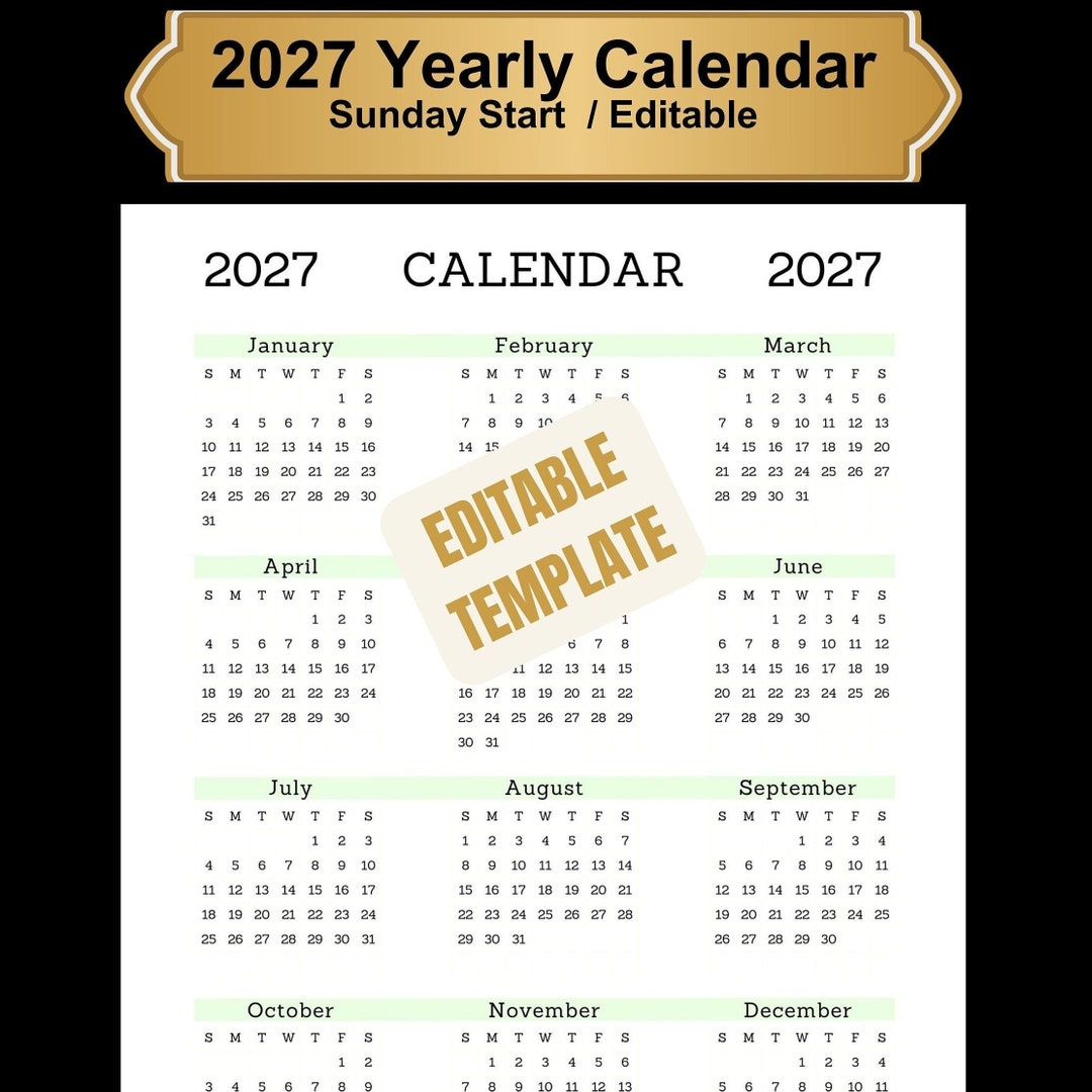 Editable 2027 Calendar With Sunday Start Minimalist Letter Size ...