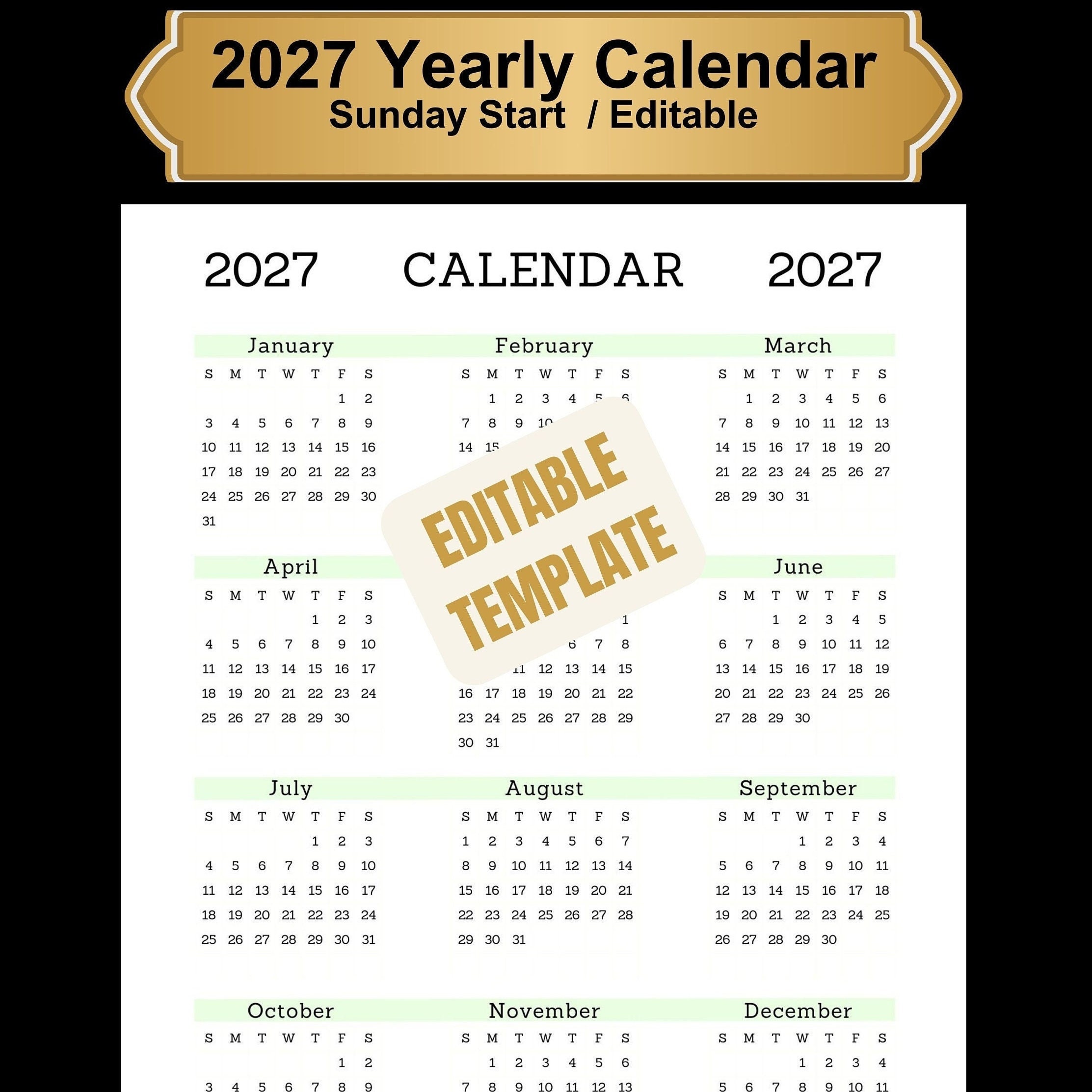 Editable 2027 Calendar With Sunday Start Minimalist Letter Size ...