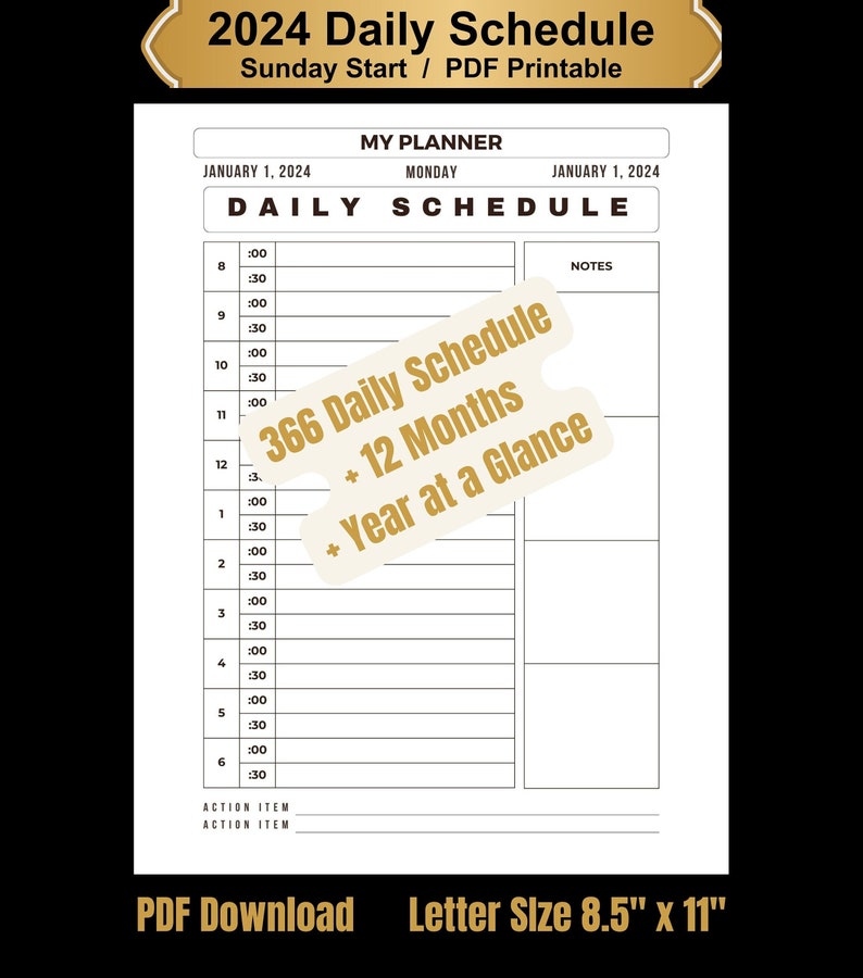 Printable 2024 Daily Calendar Scheduler With Sunday Start and a Page ...
