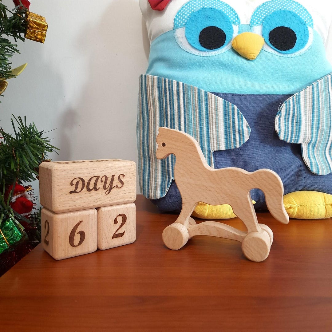Wooden Horse & Dog Toy Set With Baby Milestone Blocks - Gift for ...