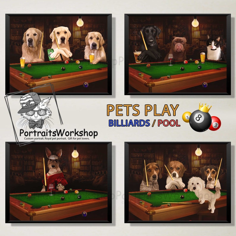 Custom Dogs Portrait Dogs Playing Pool Pet Playing Poker Funny Pet ...
