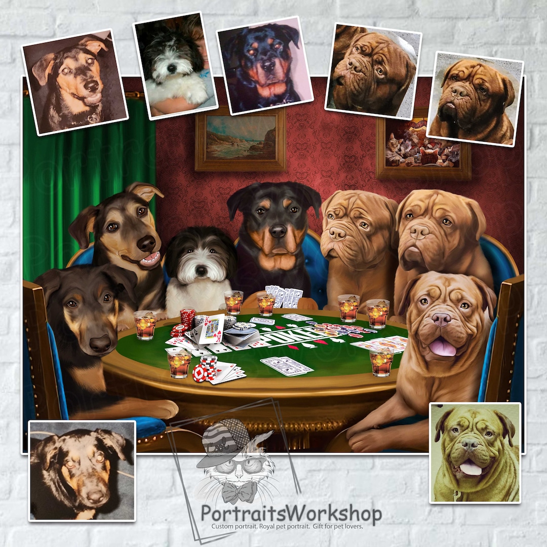 Custom Pet Portraits Dogs Playing Poker. Couple Portrait With Pets ...