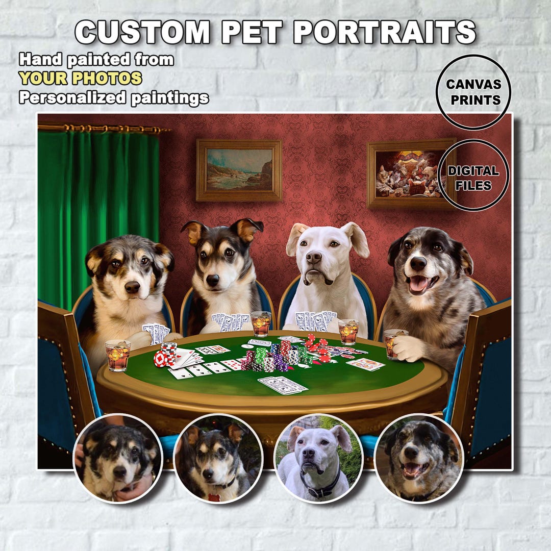 Custom Pets Portraits Dogs Playing Poker. Multiple Portrait With Pets ...