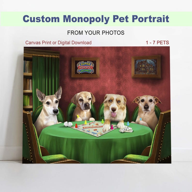 Your Dogs and Cats Playing Monopoly – Custom Pet Portrait, Game Night ...