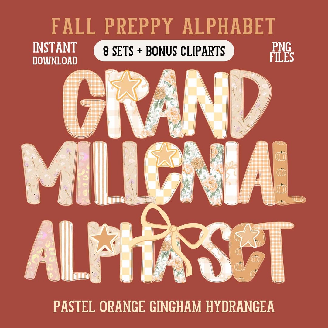 Fall Grandmillennial Alphabet PNG Preppy Pastel Orange Letters Gingham ...