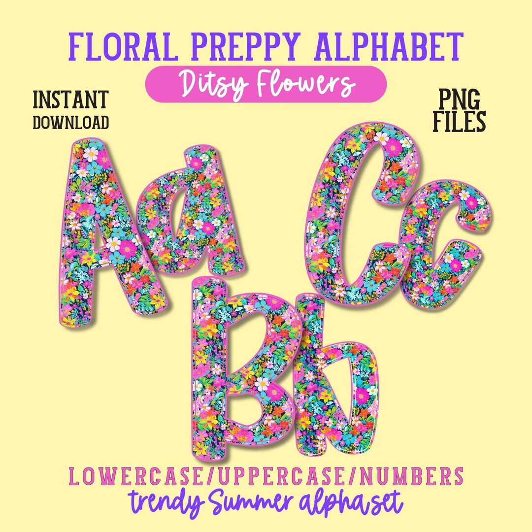 Preppy Alpha PNG Ditsy Floral Pack Dainty Coquette Hand Drawn Doodle ...