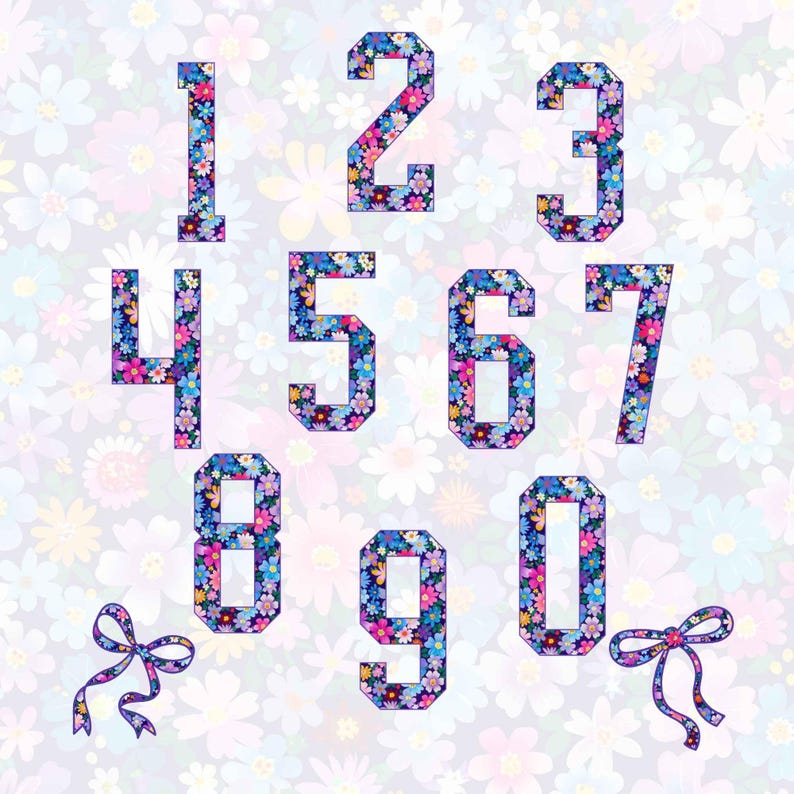 Floral Alpha Numbers Add on PNG Ditsy Purple Varsity Numbers Coquette ...