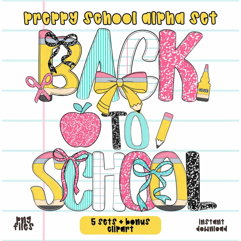 Preppy Back to School Alpha PNG 5 Sets Cute Teacher Gift Letters ...