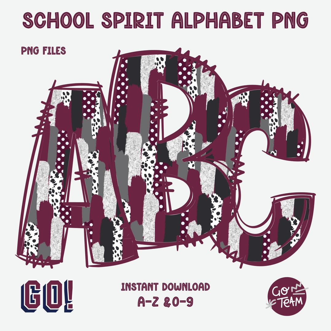 School Spirit Alphabet PNG Maroon Gray White Team Spirit Doodle Alpha ...