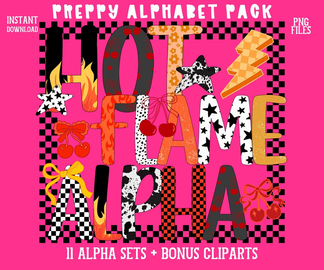 Preppy Summer Alpha Set PNG 11 Styles Hot Flame Leopard Lightning ...