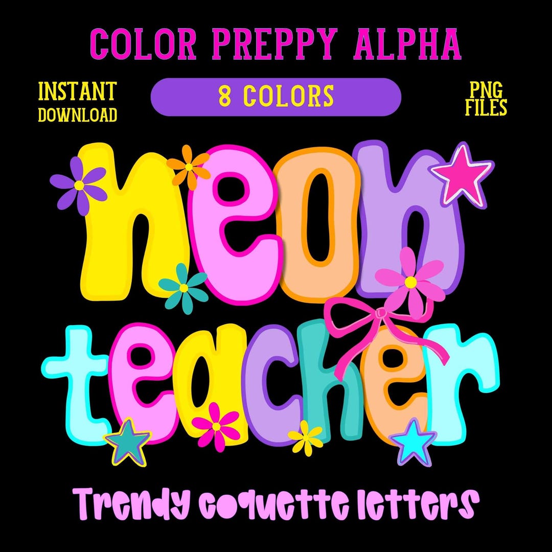 Neon Teacher Alphabet PNG Set, Preppy Coquette Letters, Bright Summer ...