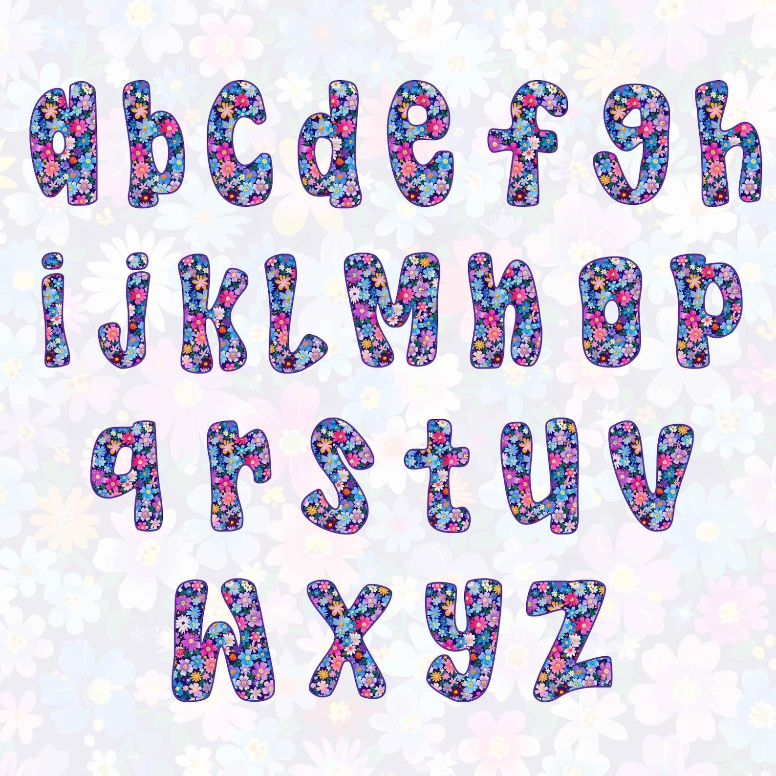 Floral Preppy Alphabet PNG, Purple Ditsy Retro Letters, Trendy Hand ...