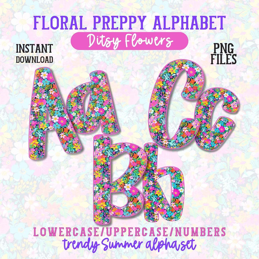 Preppy Alpha PNG Ditsy Floral Pack Dainty Coquette Hand Drawn Doodle ...