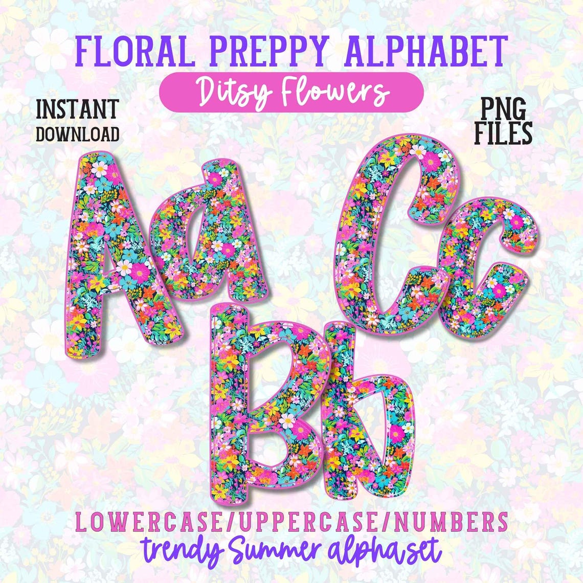 Preppy Alpha PNG Ditsy Floral Pack Dainty Coquette Hand Drawn Doodle ...