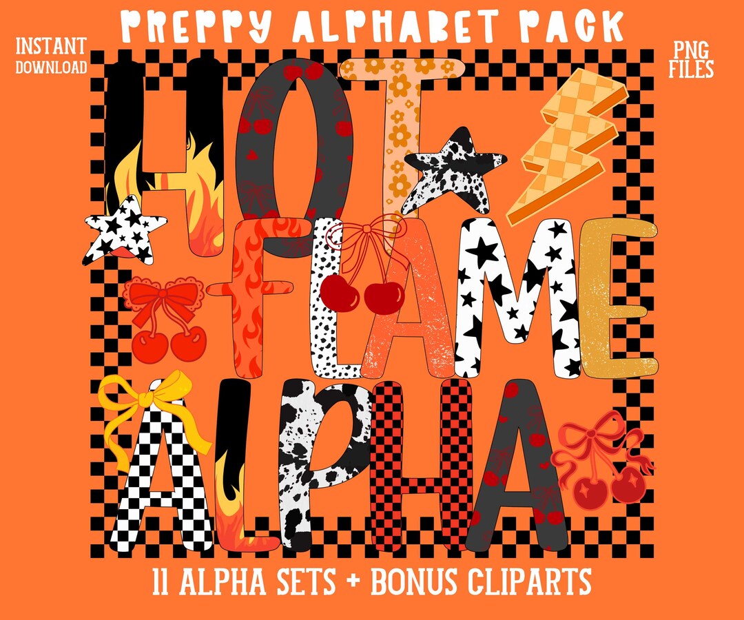 Hot Flame Preppy Alpha Set PNG 11 Bold Styles Leopard Lightning Checker ...