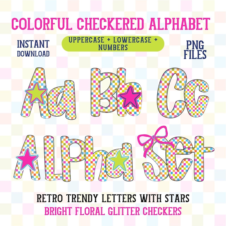 Colorful Checkered Alpha Set Png Bright Summer Checkers Letters Retro ...