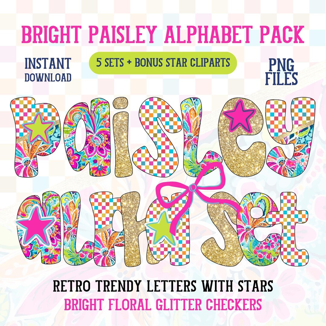 Bright Paisley Alphabet Pack Summer Floral Glitter Letters Png Retro ...