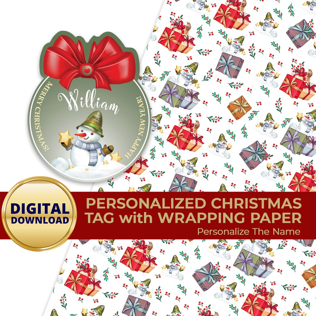 Christmas Set. Wrapping Paper With Gift Personalized Tag. Digital ...