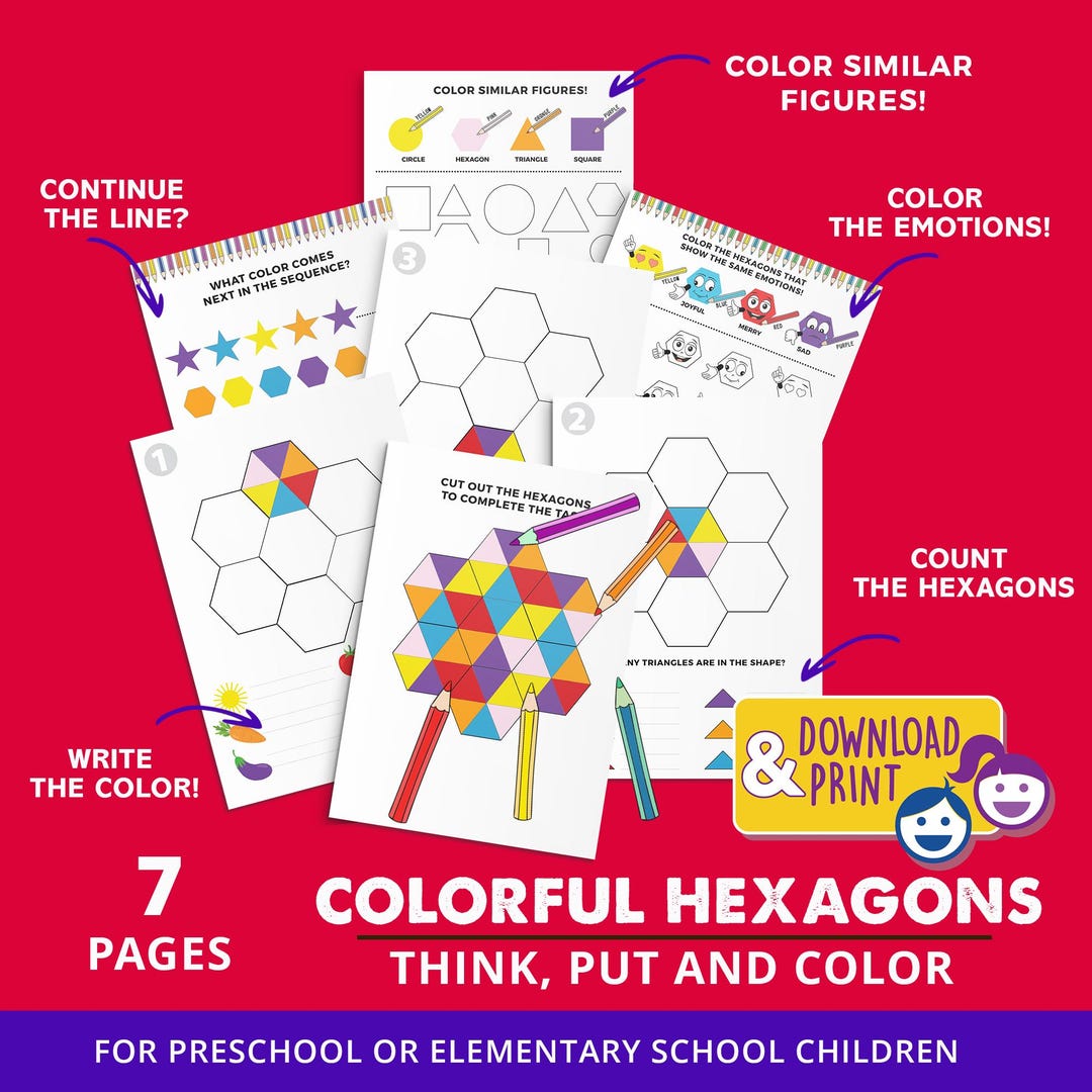 Colorful Hexagons Worksheet, Shapes & Emotions Activities (PDF) - Etsy