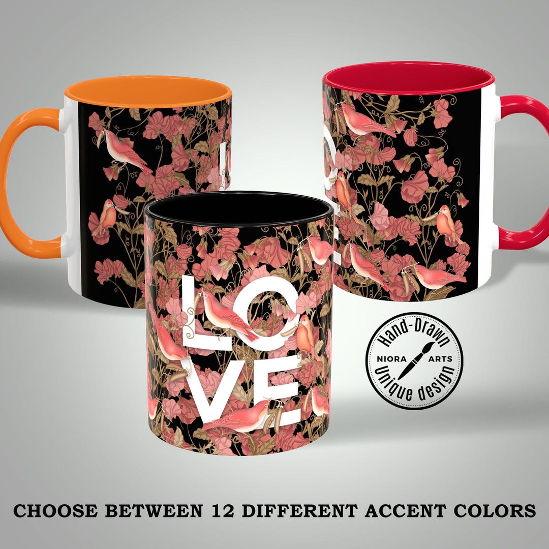 Floral Coffee Mug: Red Birds & Sweet Peas - Garden Lover Gift - Etsy