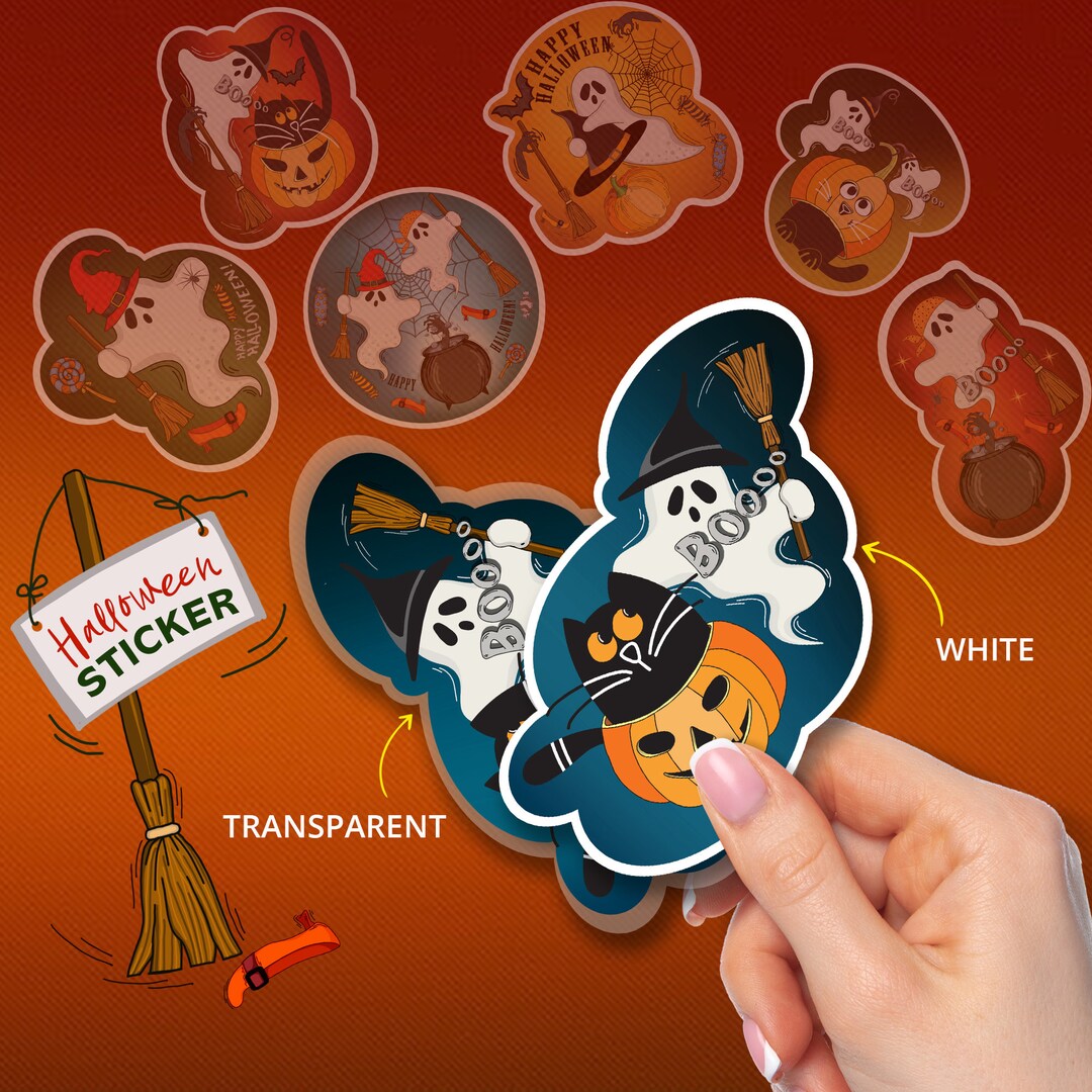 Halloween Sticker for Kids Ghost Pumpkin Hand Drawn Illustration Decal ...